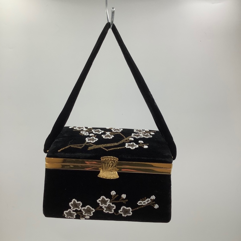 Vintage Late 1950’s Black Velvet Beaded Box Purse - Gem
